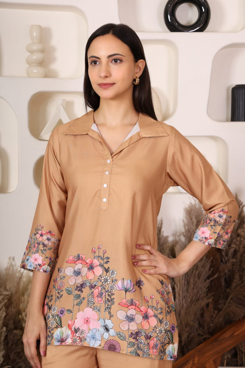 Beige Floral Embroidered Co-ord Set – Summer Bloom Edition – Hosita